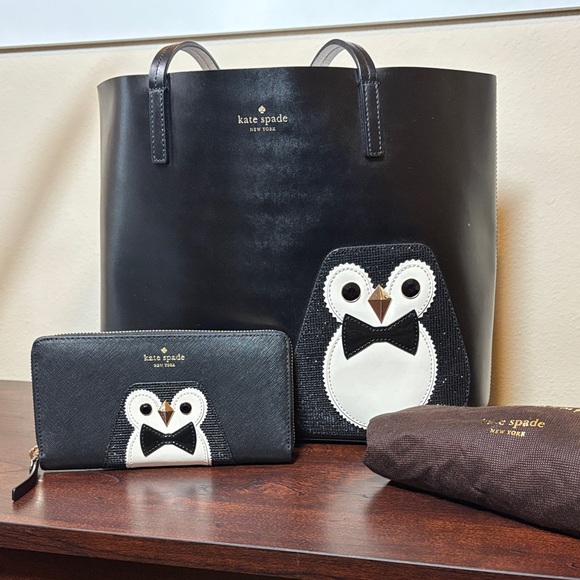 kate spade | Bags | Kate Spade Black Leather Penguin Tote Bag And ...